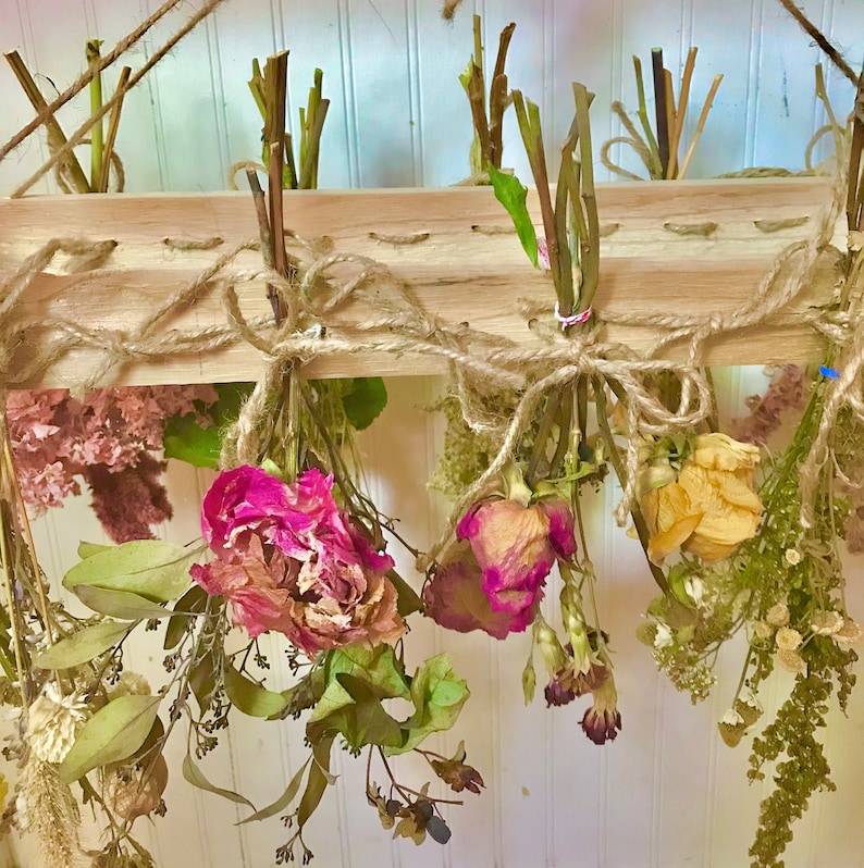 24” OAK Dried Herb and Flower Kitchen Garden Ceiling Hanger Frame Chili Pepper and Garlic Drying ...