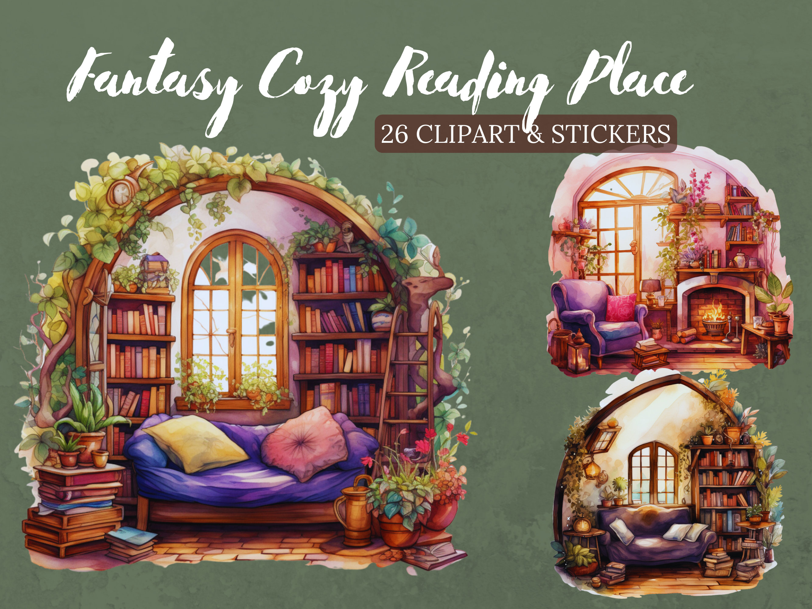 Fantasy Cozy Reading Place Clipart and Sticker Reading Corner - Etsy