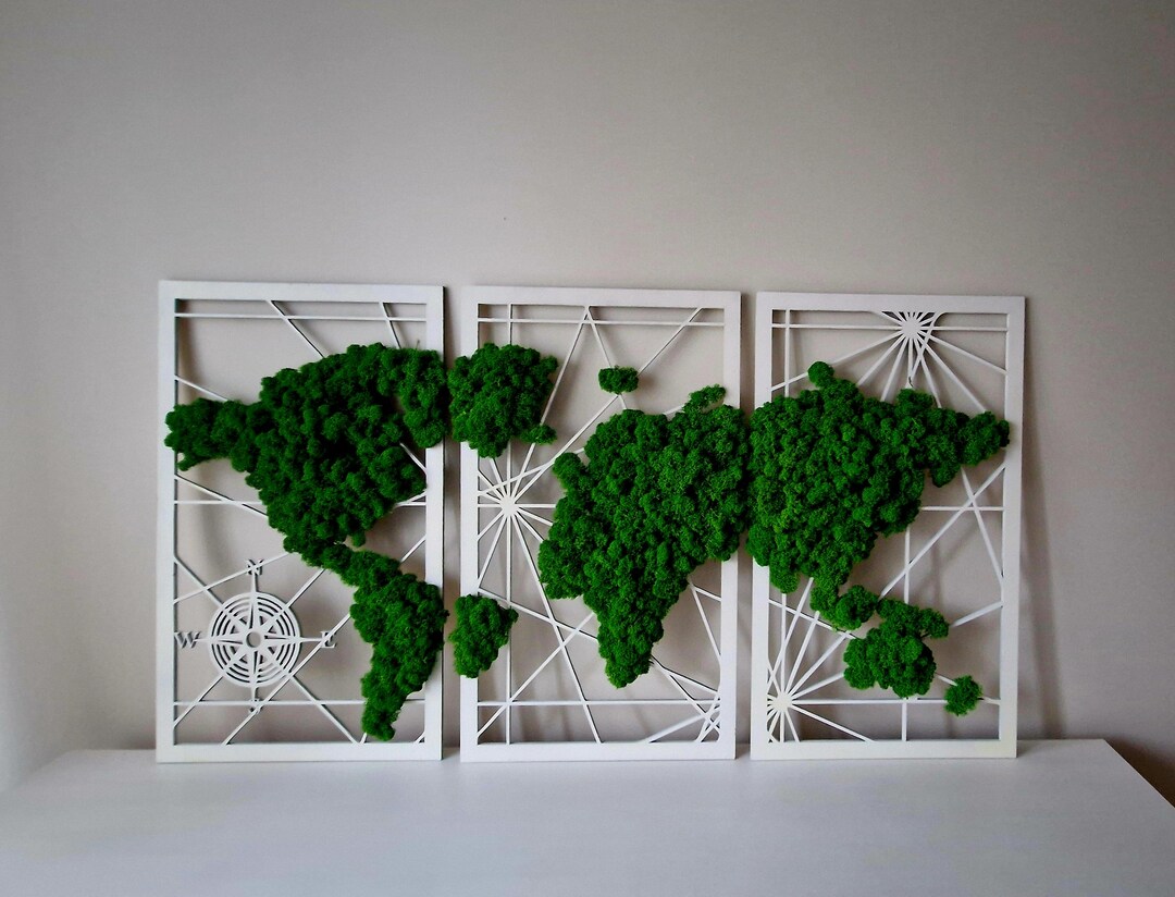 Moss Triptych World Map Wall Art Set Botanical World Map Triptych With ...