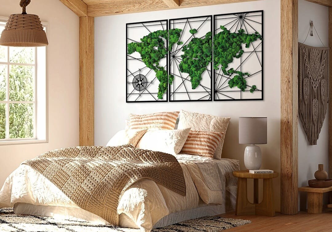 Moss Triptych World Map Wall Art Set Botanical World Map Triptych With ...