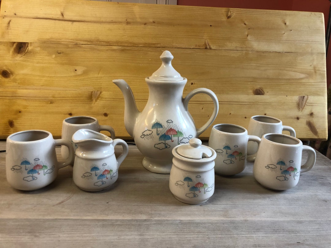 Vintage Tea Set With Clouds and Umbrellas - Etsy