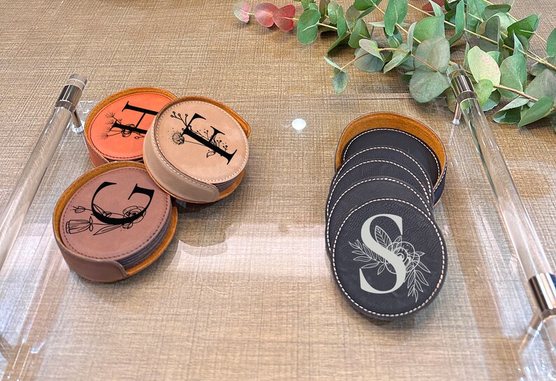 Custom Initial Coaster Set, 6 Piece Coaster Set, Vegan Leather Coaster ...