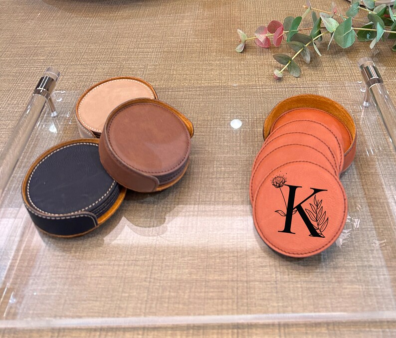 Custom Initial Coaster Set, 6 Piece Coaster Set, Vegan Leather Coaster ...