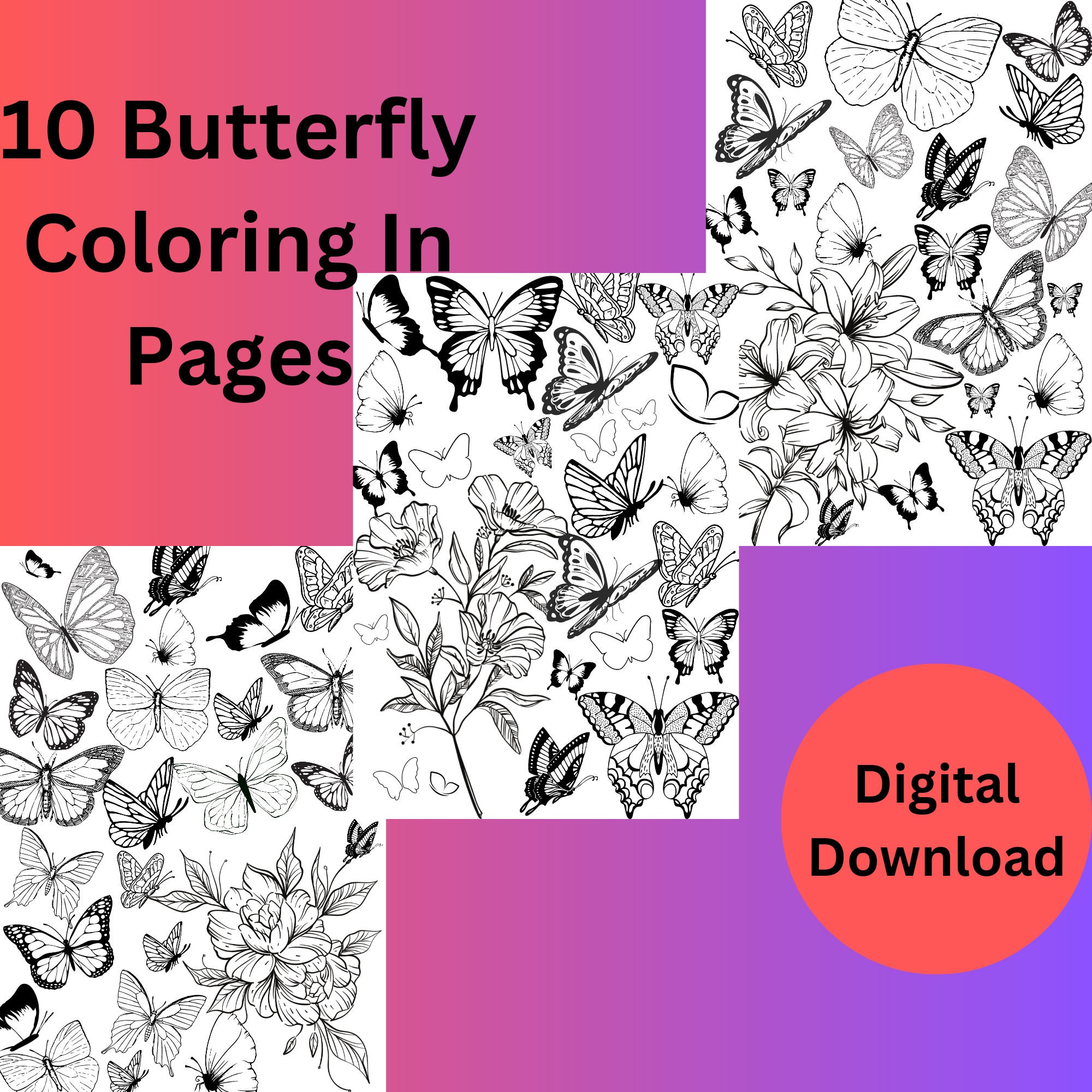 10 Butterfly Coloring in Pages - Etsy