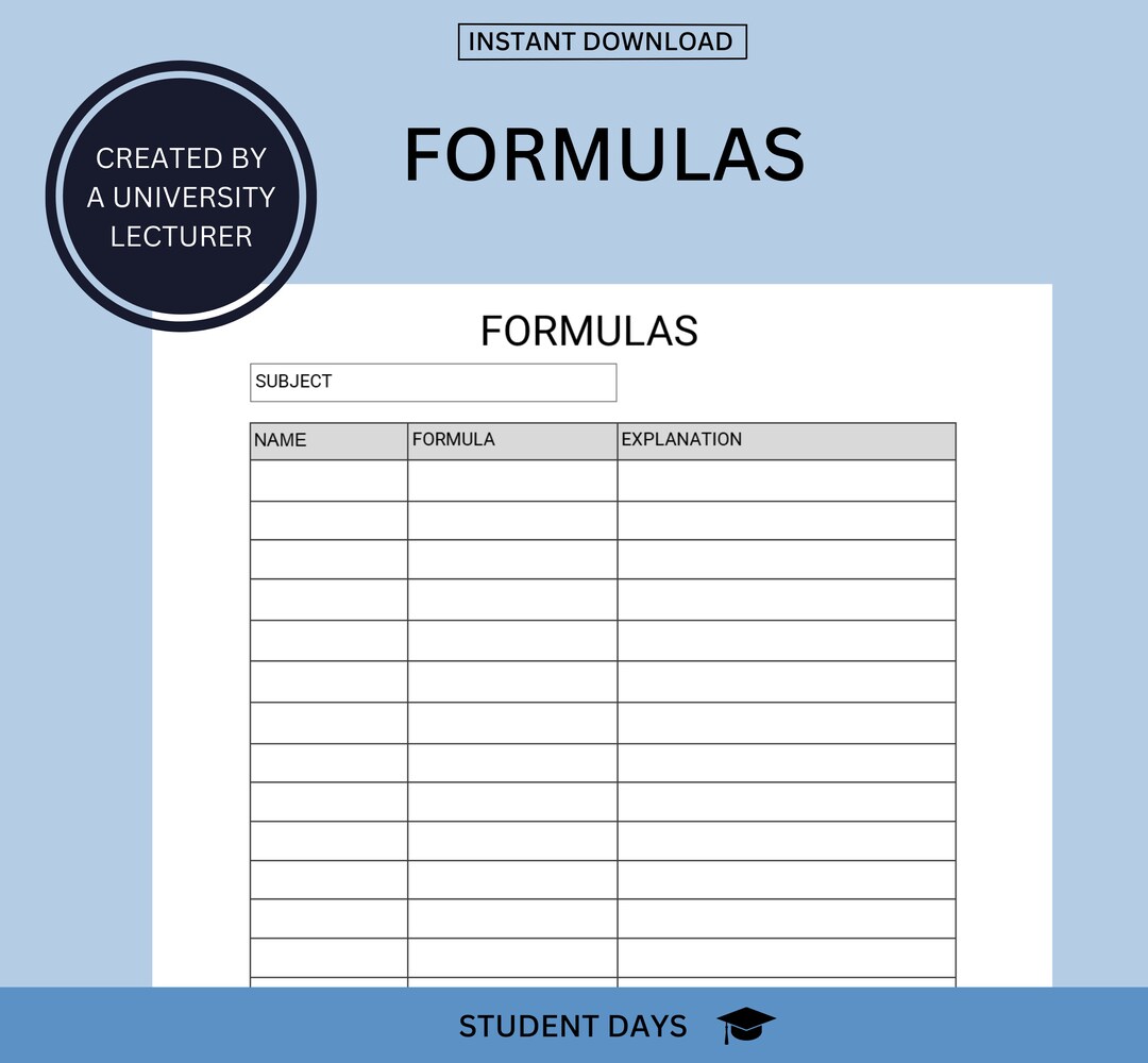 Formulas Study Template, Exam Preparation, Student Revision and ...