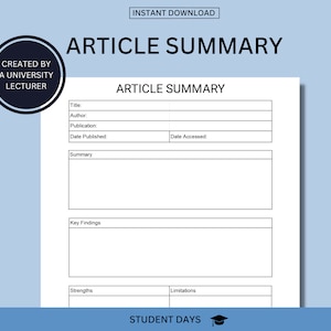 Article Summary Research, Student Dissertation Planner, Literature ...