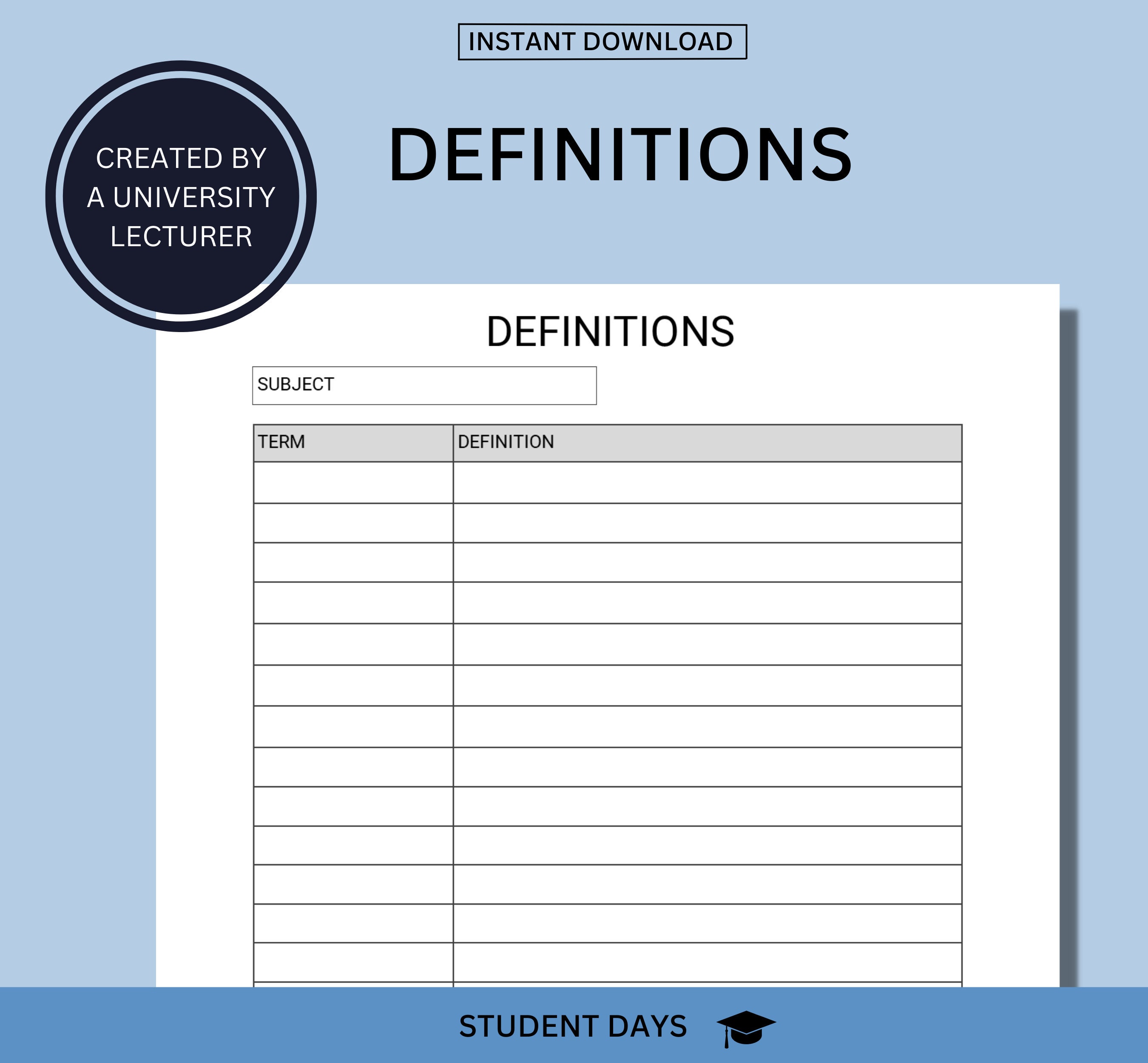 Terms and Definitions Template, Study Guide, Exam Preparation, Student ...