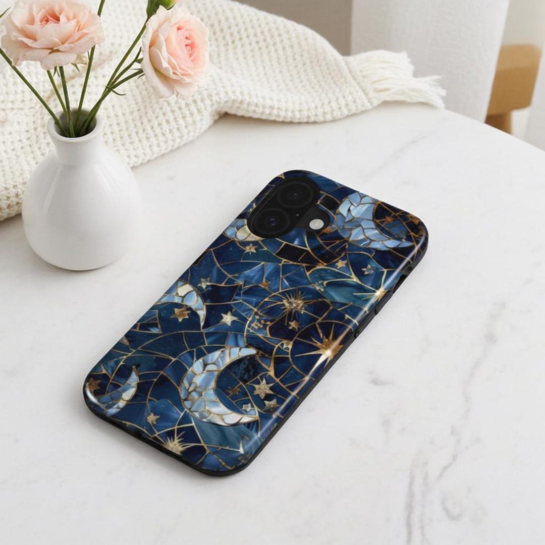 Celestial Moon & Stars Tough Phone Case – Blue Gold Cosmic Protective ...