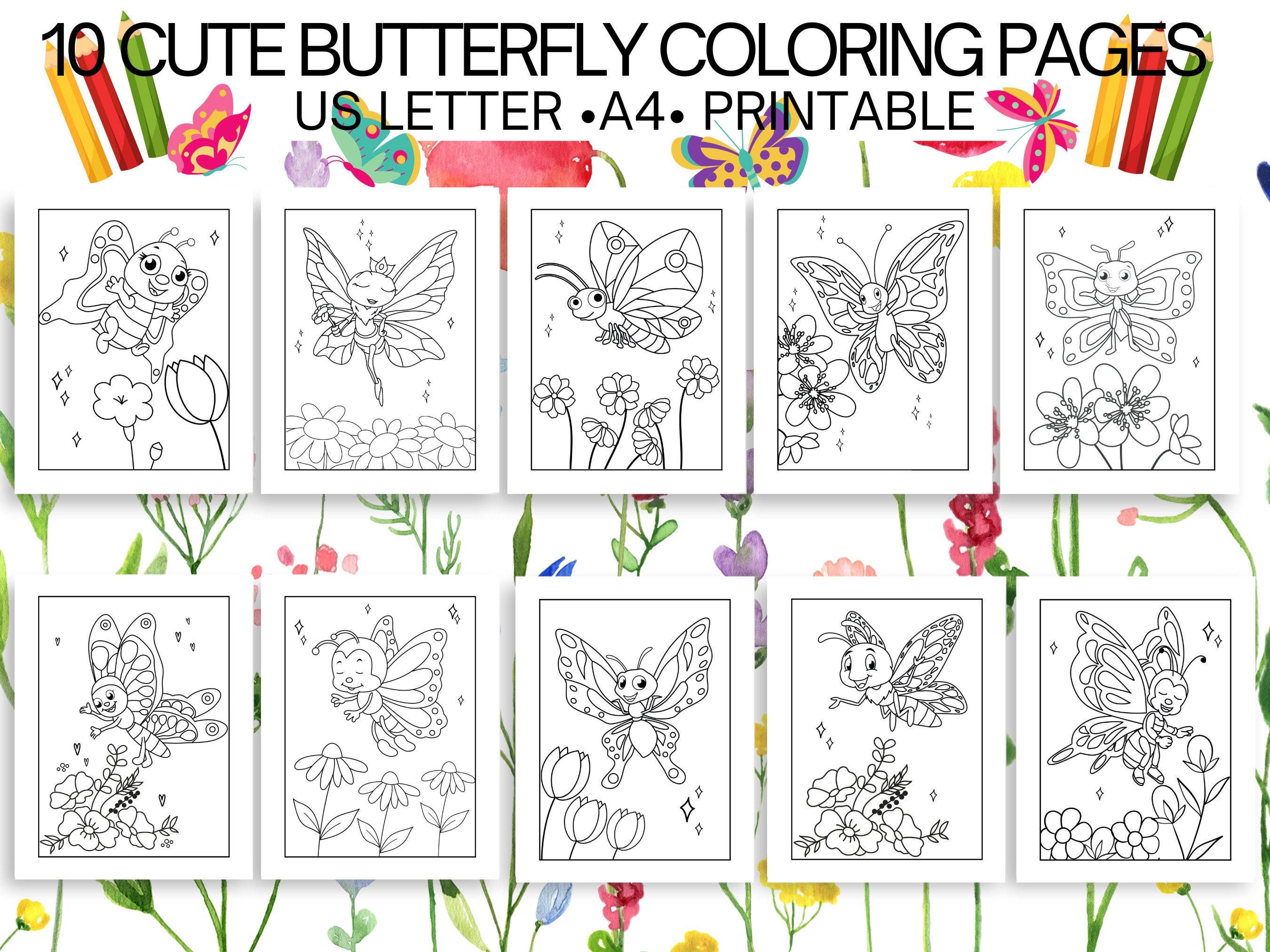 CUTE BUTTERFLY Printable Coloring Pages for Kids - Etsy