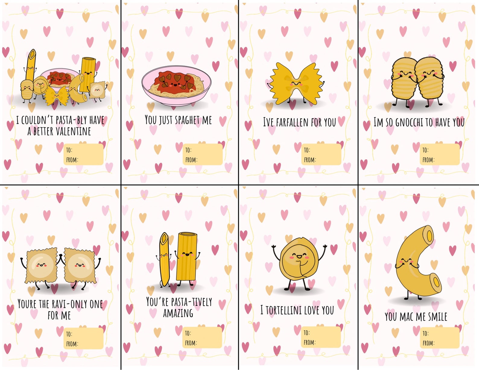 Printable Pasta Valentine Cards, Mini Funny Food Valentines, Pasta ...