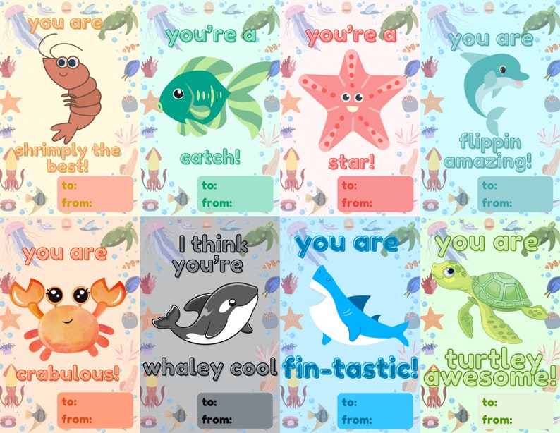 Sea Creatures Printable Valentine’s Day Cards, Mini Valentines ...
