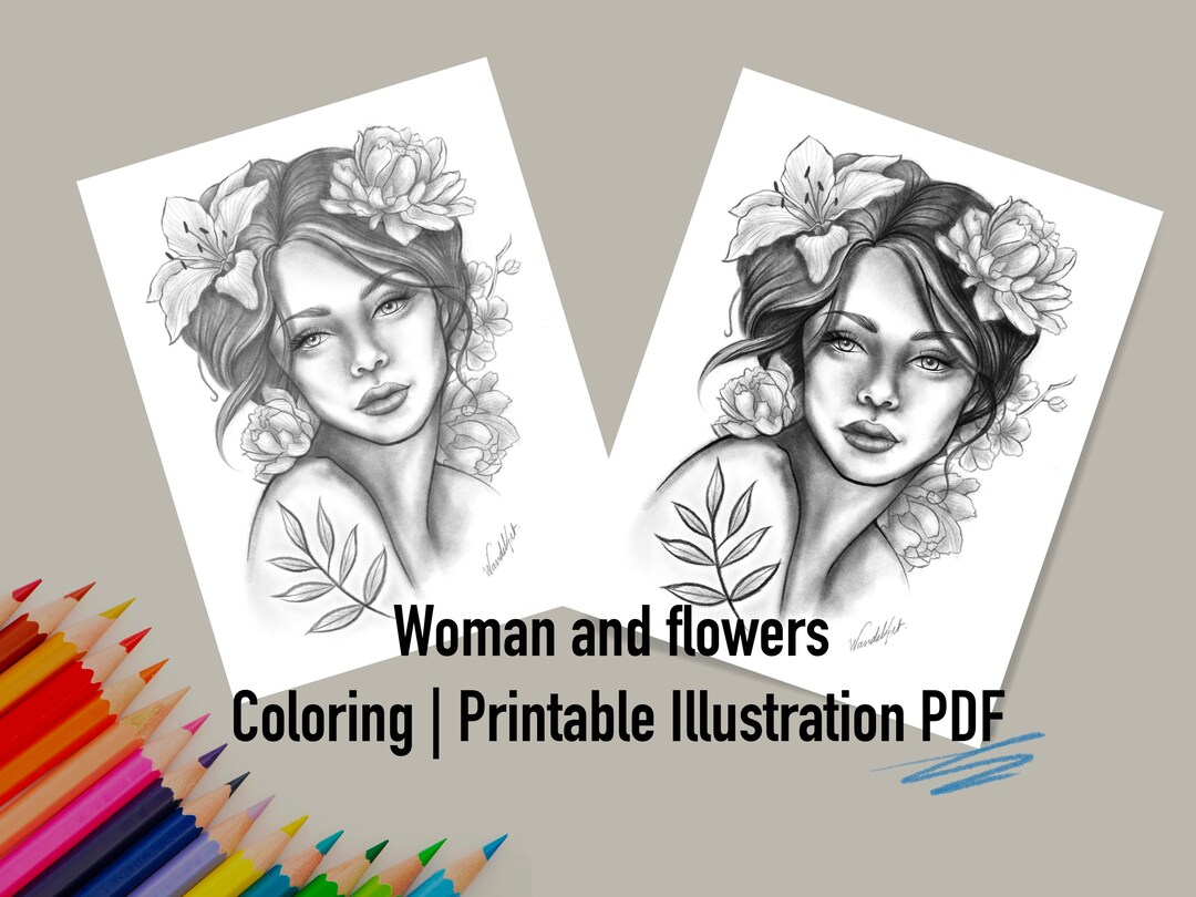 Coloriage Woman and Flowers/ Printable Grayscale Coloring Page for ...