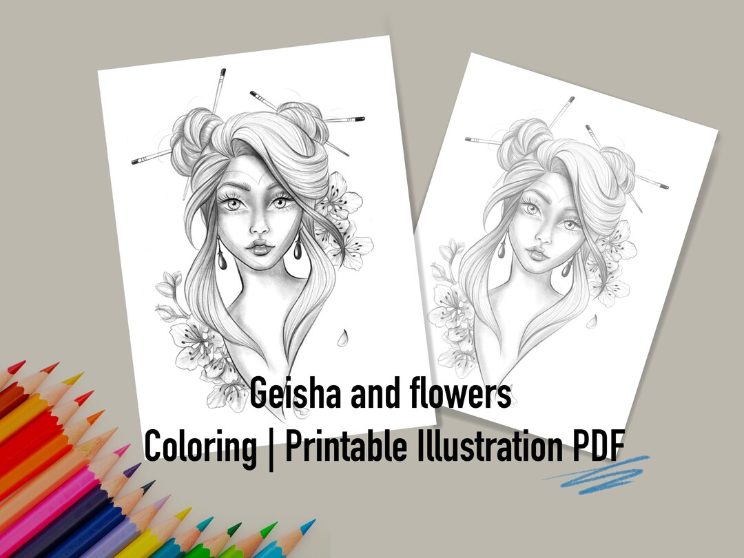 Geisha and Flowers / Coloring Page Grayscale Illustration Instant ...