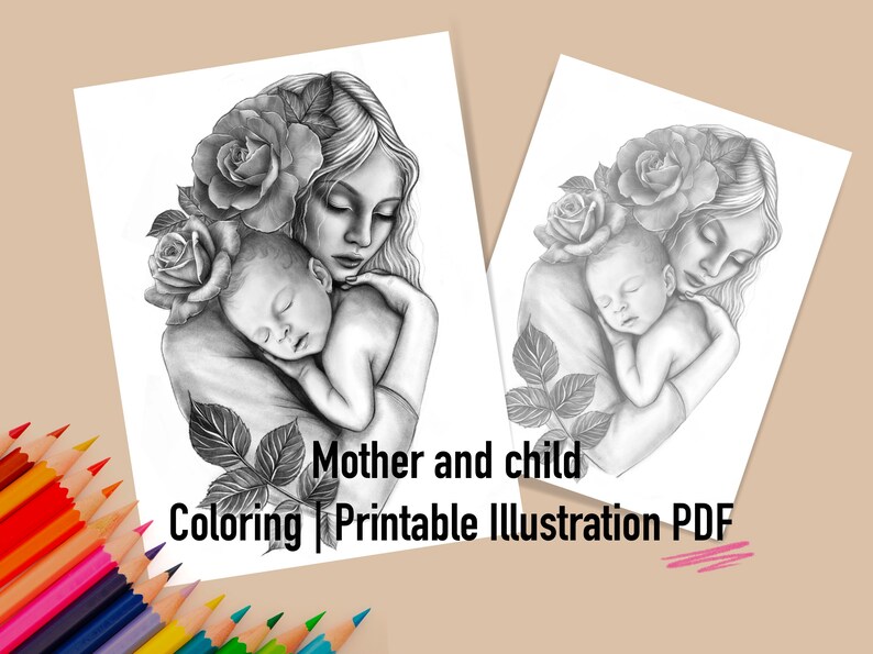 Mother and Child / Coloring Page Printable Adult Coloring Page Download ...