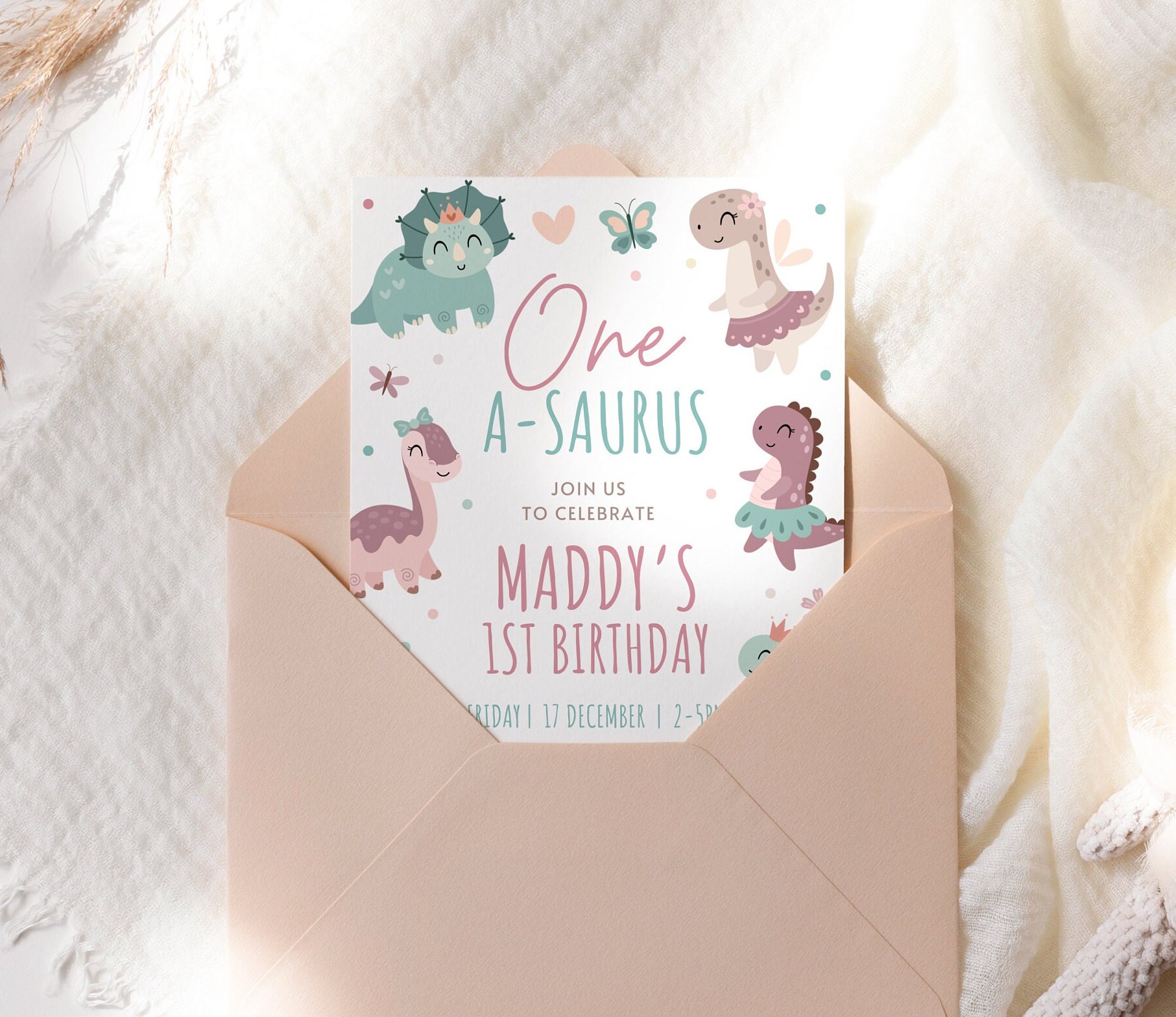 One-a-saurus Dinosaur Birthday Invitation Template Editable Girl ...