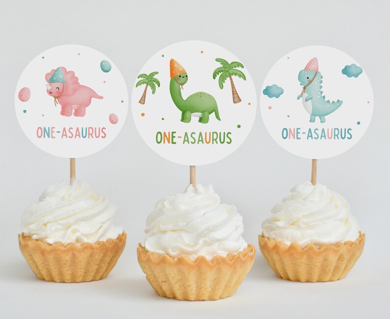 One-a-saurus Dinosaur Cupcake Toppers Digital Download Canva Template ...