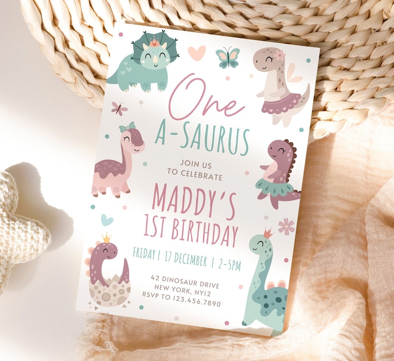 One-a-saurus Dinosaur Birthday Invitation Template Editable Girl ...