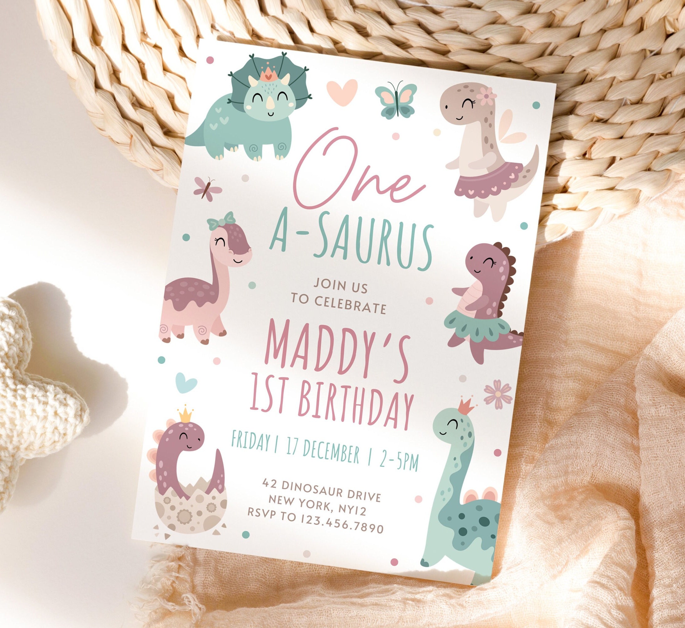One-a-saurus Dinosaur Birthday Invitation Template Editable Girl ...