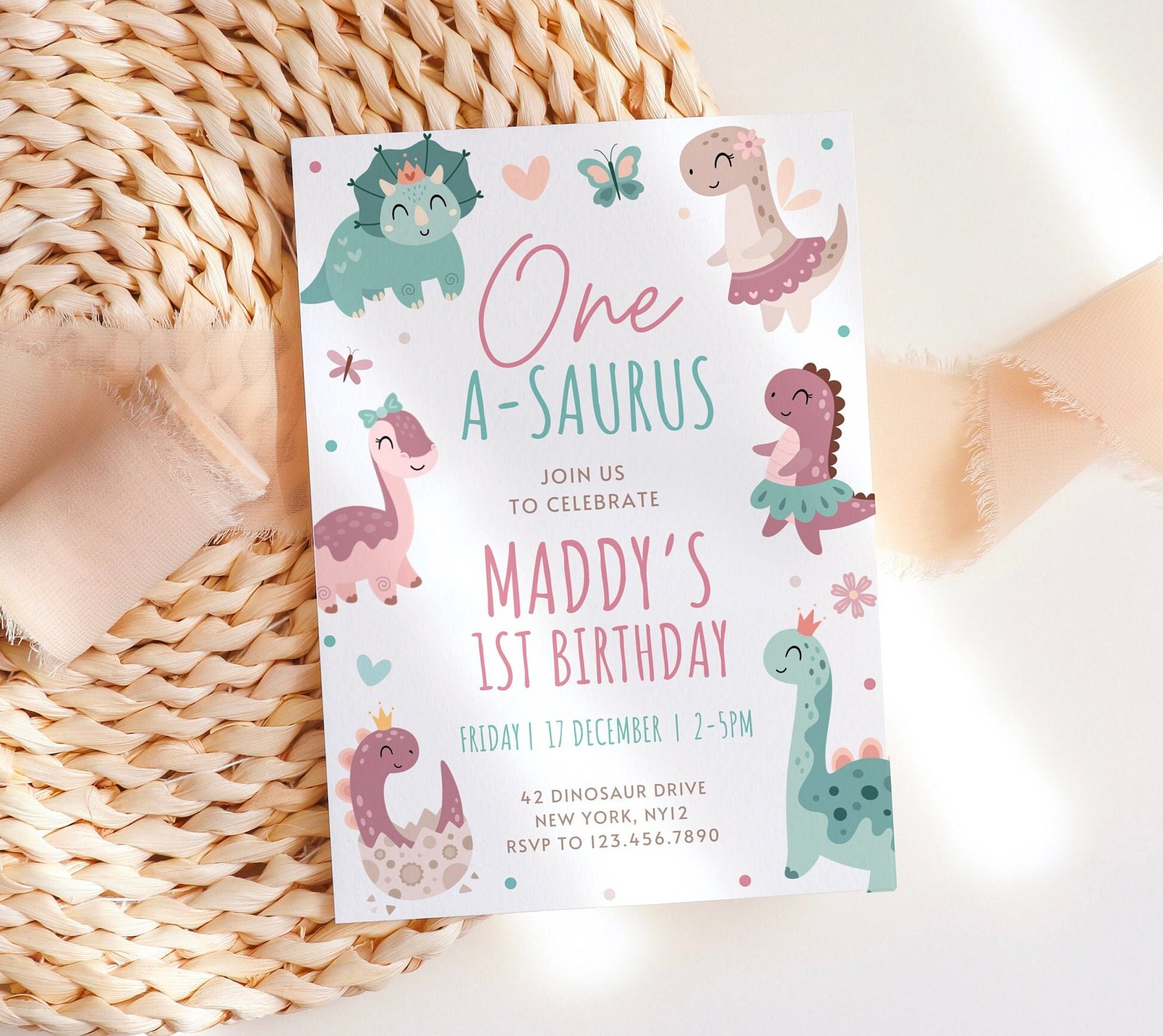 One-a-saurus Dinosaur Birthday Invitation Template Editable Girl ...