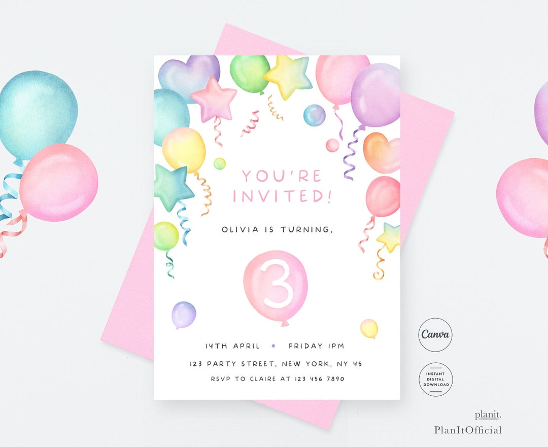 Editable Balloon Birthday Invitation Digital Download Minimalist ...