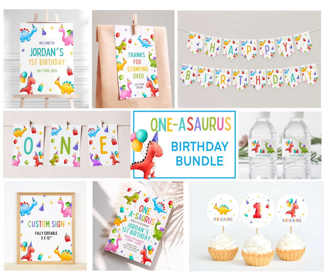 One-asaurus Dinosaur Birthday Bundle Digital Download Editable Dino 1st ...