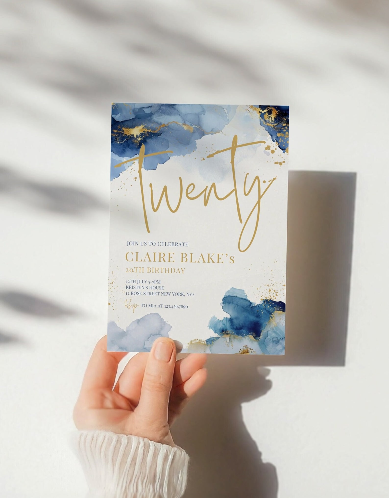 Editable 20th Birthday Invitation Template Watercolor Twentieth Classy Birthday Invitation Blue ...