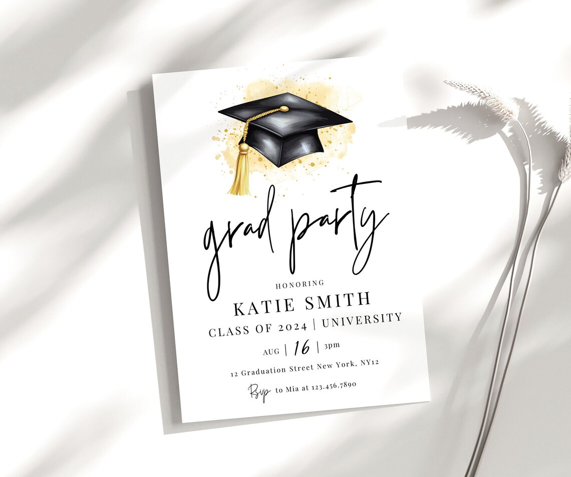 Minimal Grad Party Invitation Template Editable Watercolor Graduation ...
