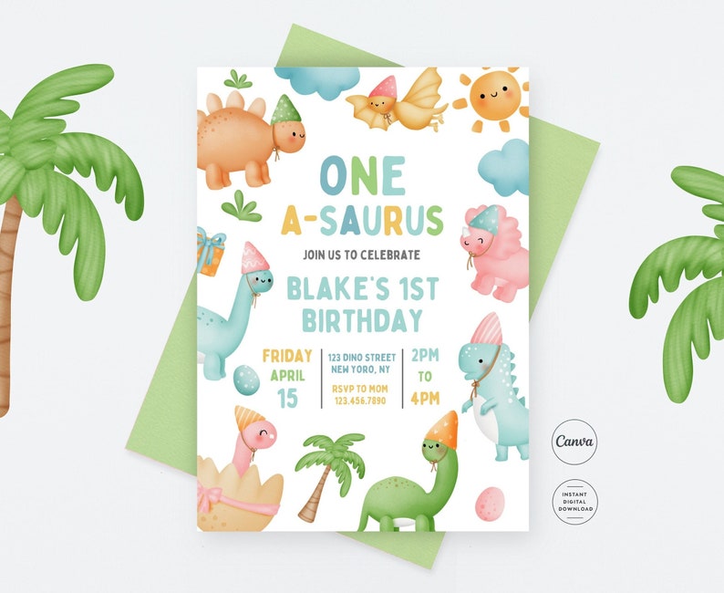 One-asaurus Dinosaur Birthday Invitation 1st Birthday Party OB1 - Etsy