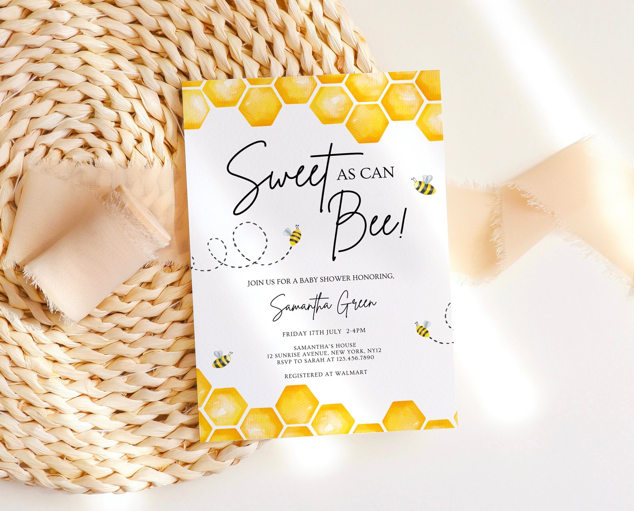 Sweet as Can Bee Baby Shower Invitation Template Editable Honey Bee ...
