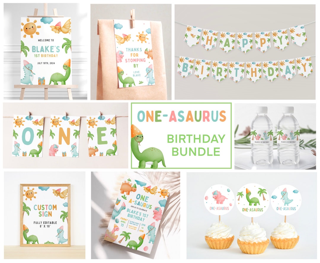 One-asaurus Dinosaur Birthday Bundle Digital Download Editable Dino 1st ...