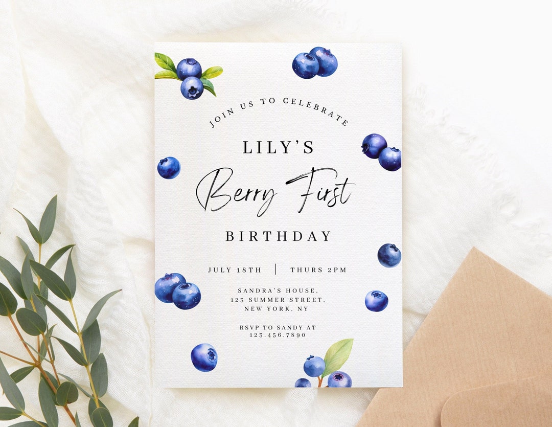 Blueberry Birthday Invitation Template Canva Berry First - Etsy