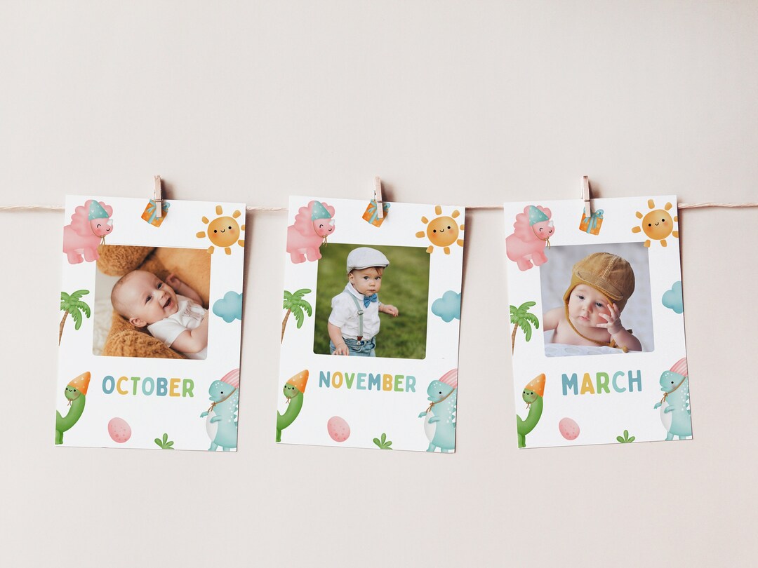 Dinosaur First Year Photo Banner Template First Year Monthly Milestone ...