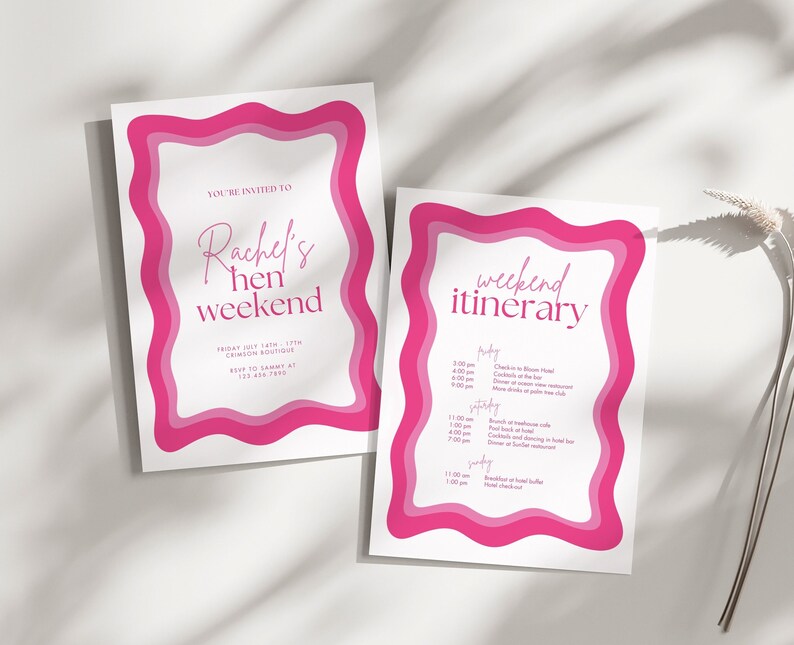 Pink Hen Weekend Itinerary Template Printable Pink Wavy Border Hen ...