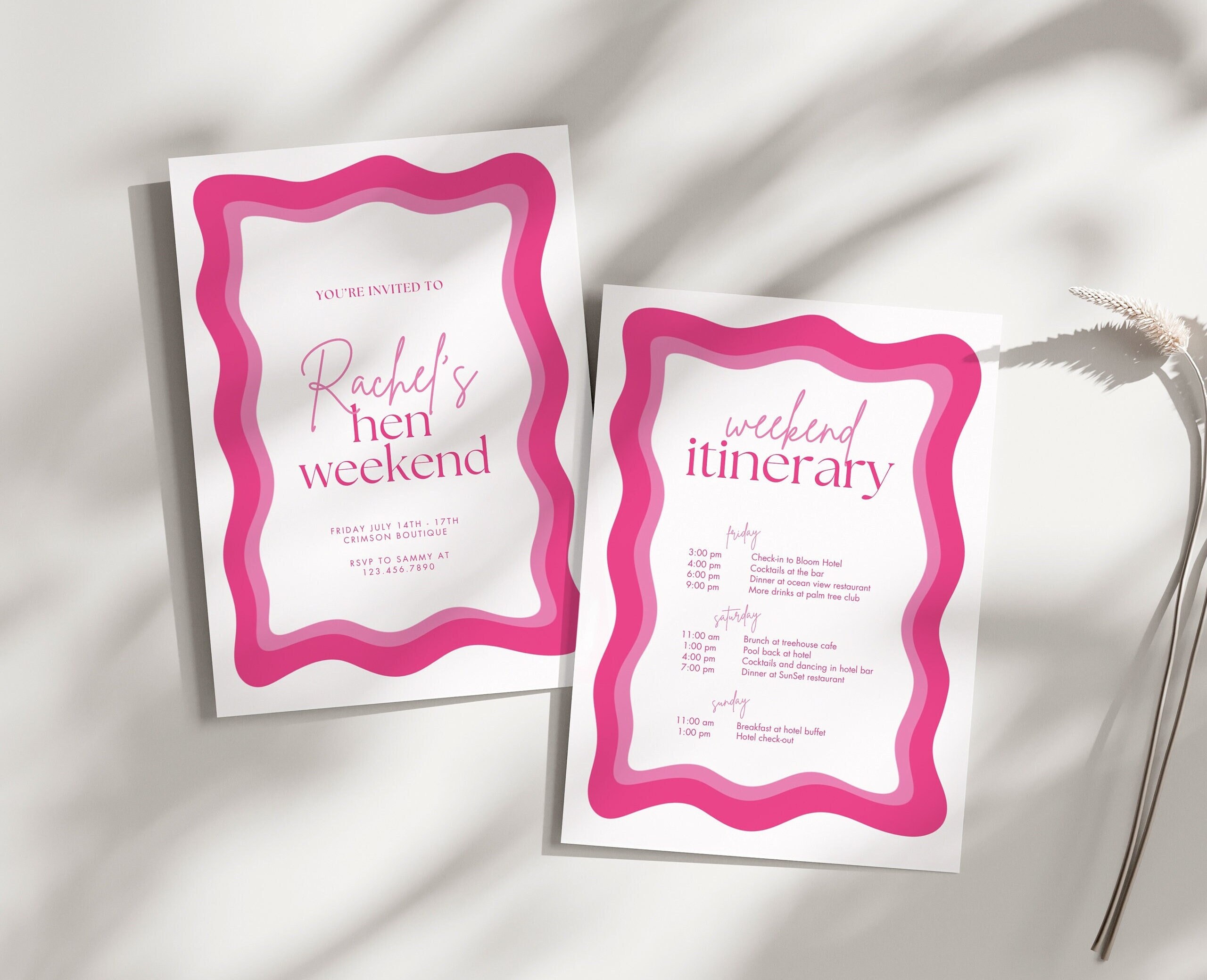 Pink Hen Weekend Itinerary Template Printable Pink Wavy Border Hen ...