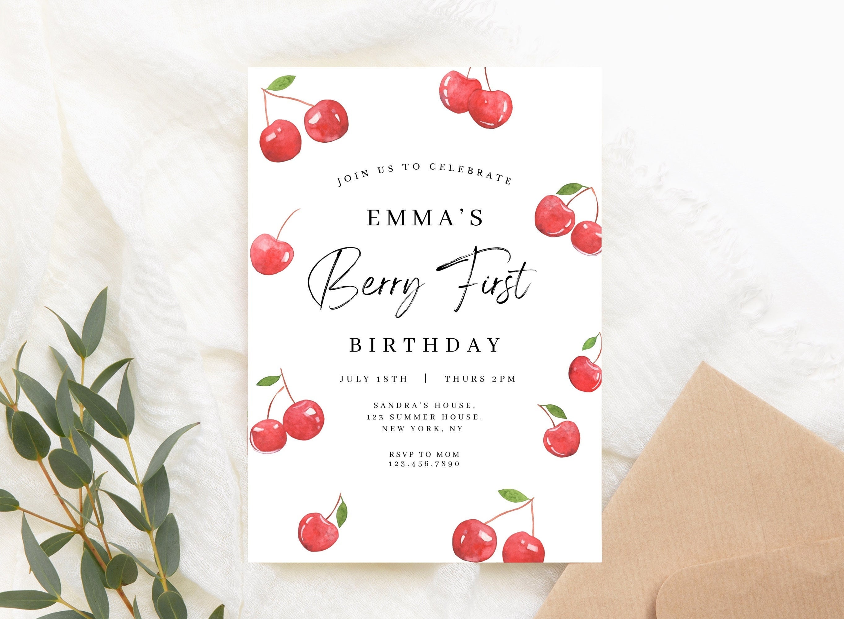 Editable Cherry Birthday Invitation Template Canva Berry First Birthday ...
