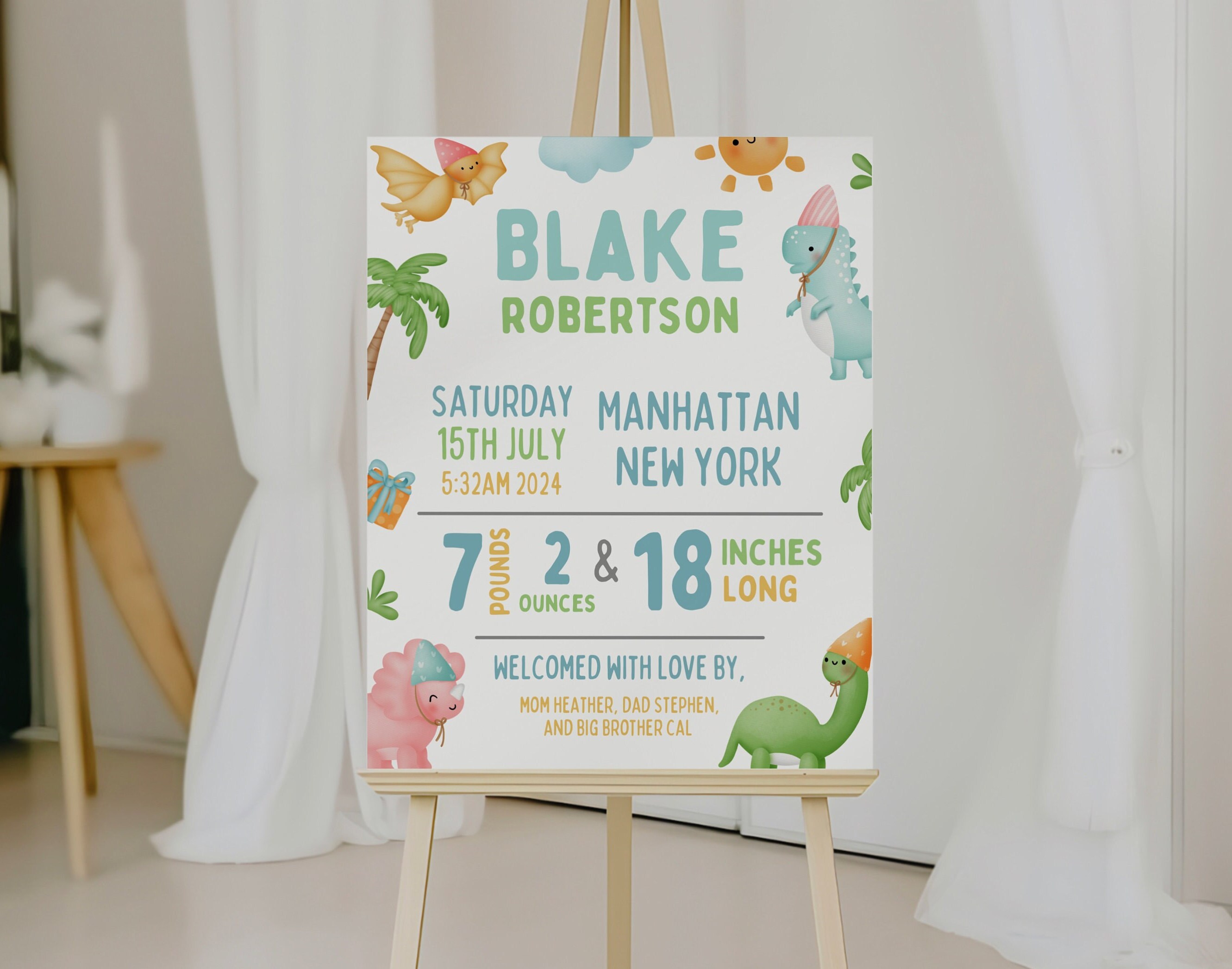 Dinosaur Birth Stats Sign Template Birth Announcement Poster Oneasaurus ...