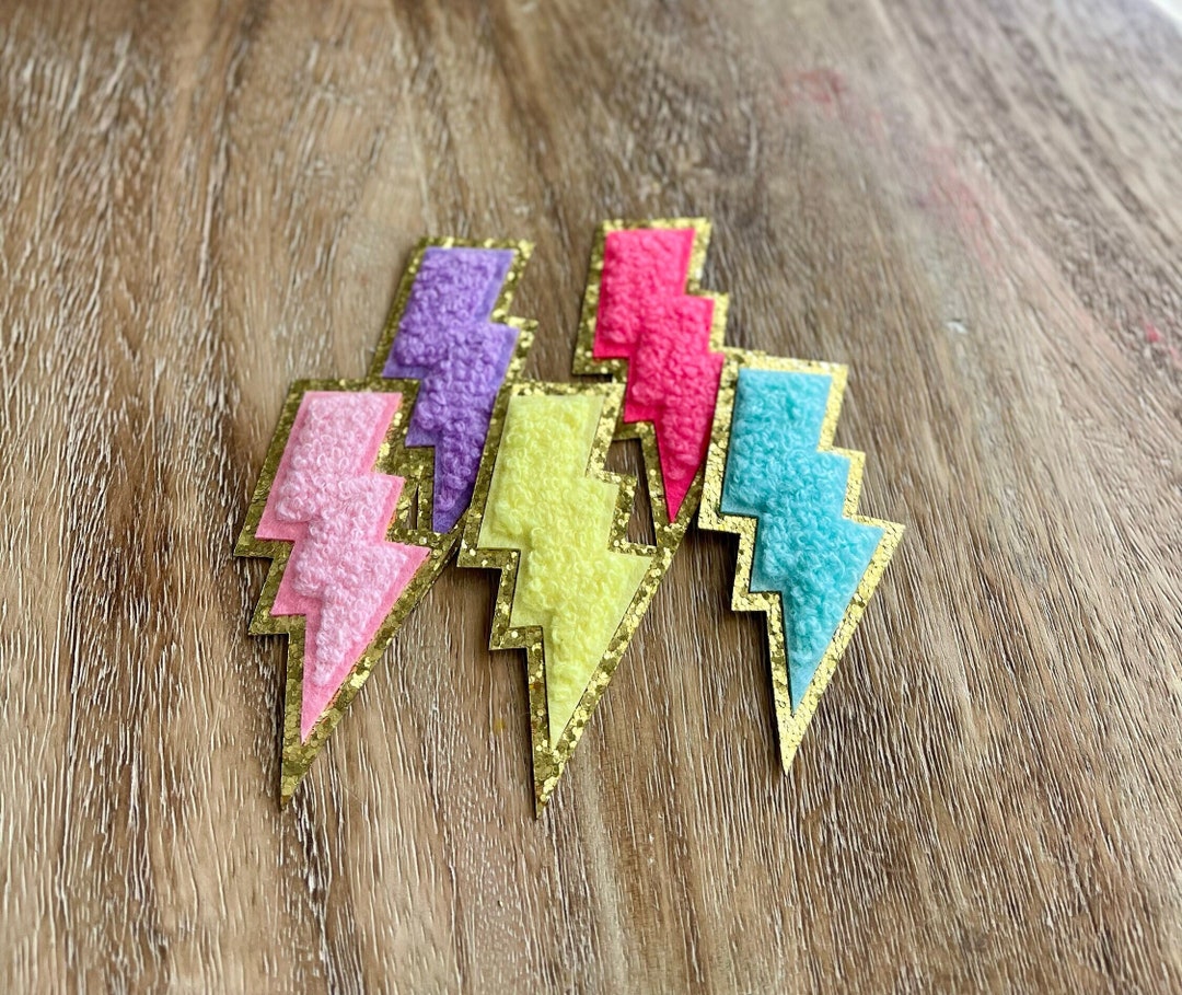 Chenille Patch Lightning Iron-on Chenille Patch Pink Lightning Bolt ...