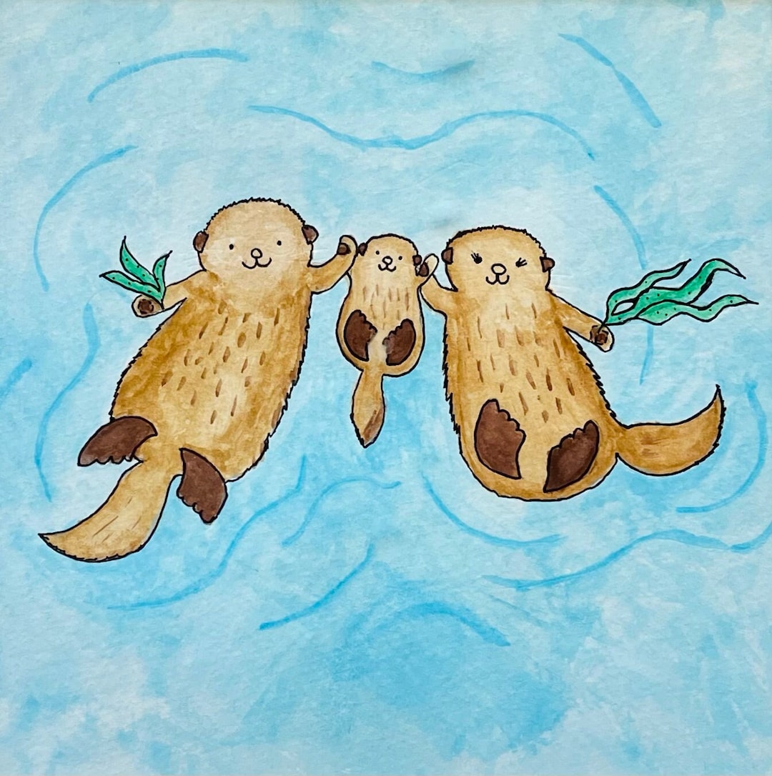 CUSTOM Otter Family WATERCOLOR Painting Nursery Decor Otters Holding ...