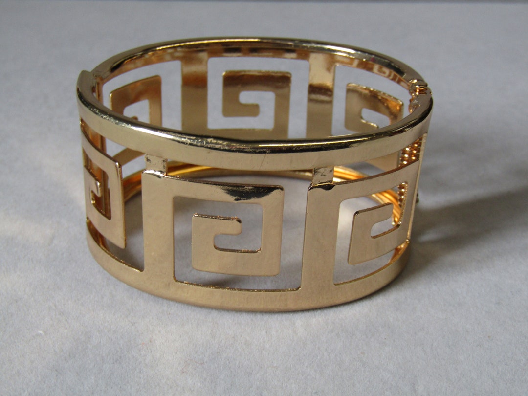 Greek Key Wide Cuff Spring Open/close Gold Plated Bangle Bracelet - Etsy