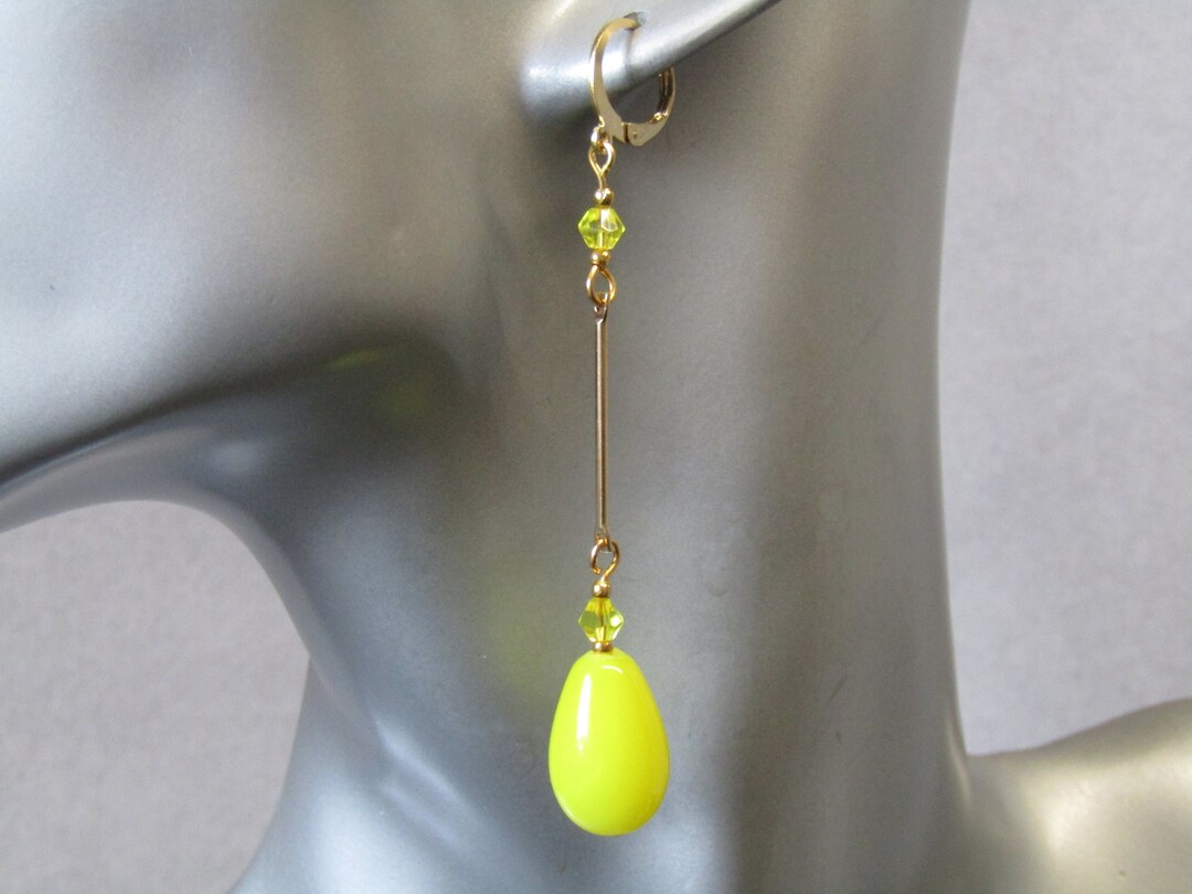 Neon Yellow Teardrops Crystals & Gold Bar Handmade Stud - Etsy