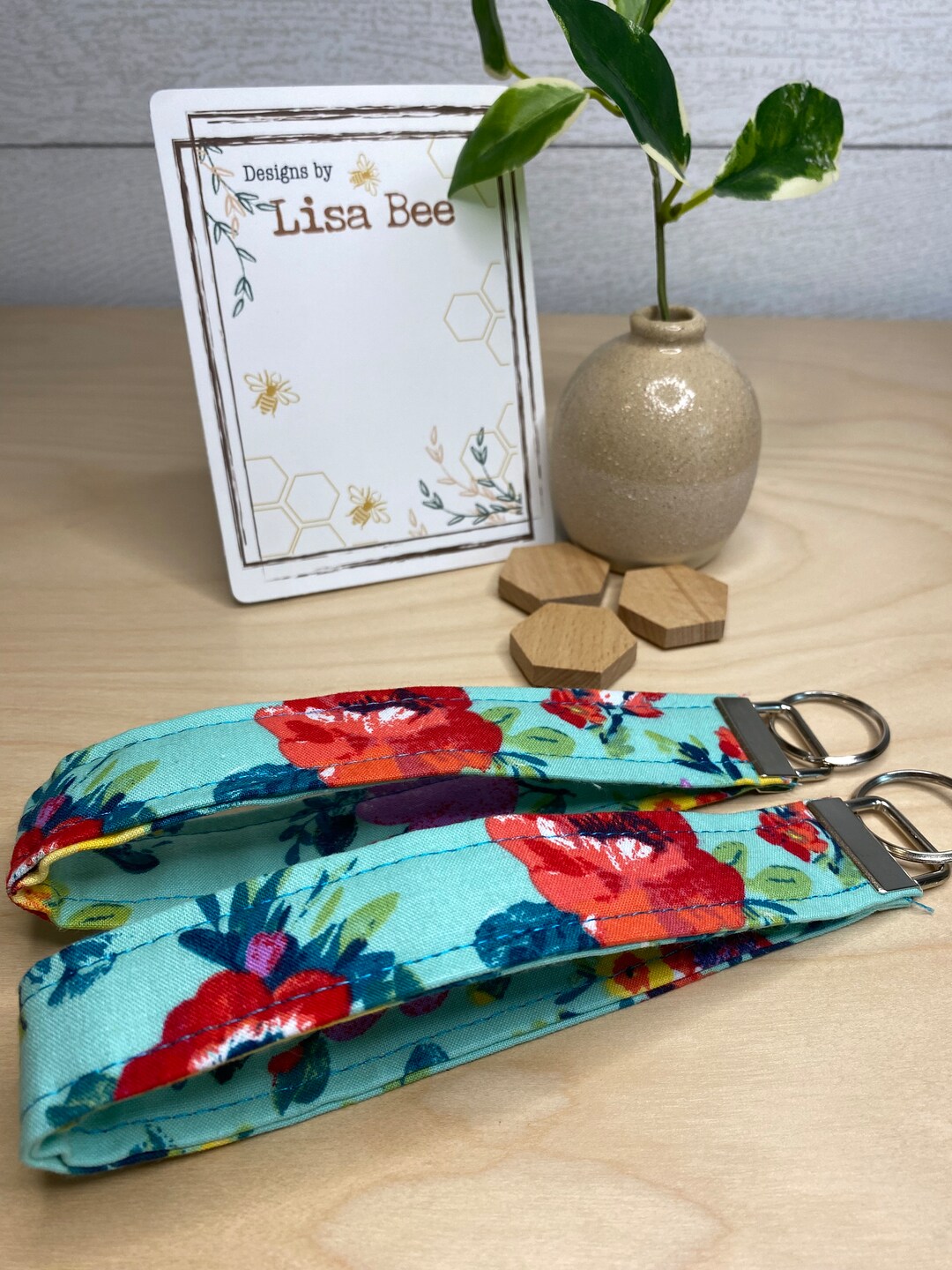 Teal Floral Fabric Key Fob: Handmade Cotton Wristlet Keychain - Etsy