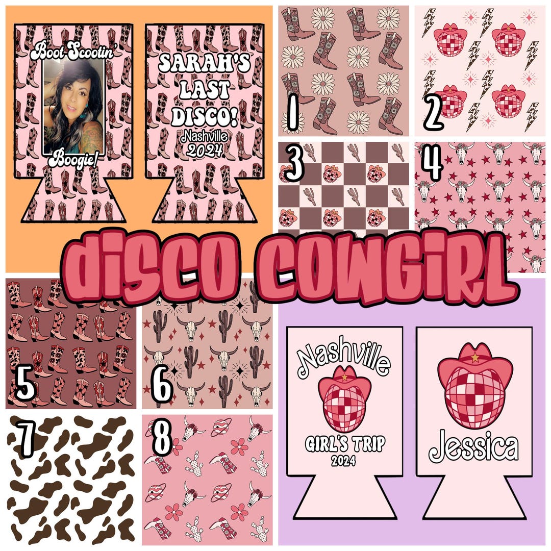 Custom Full Color Disco Cowgirl Cozie Can Cooler Bachelorette Nashville ...