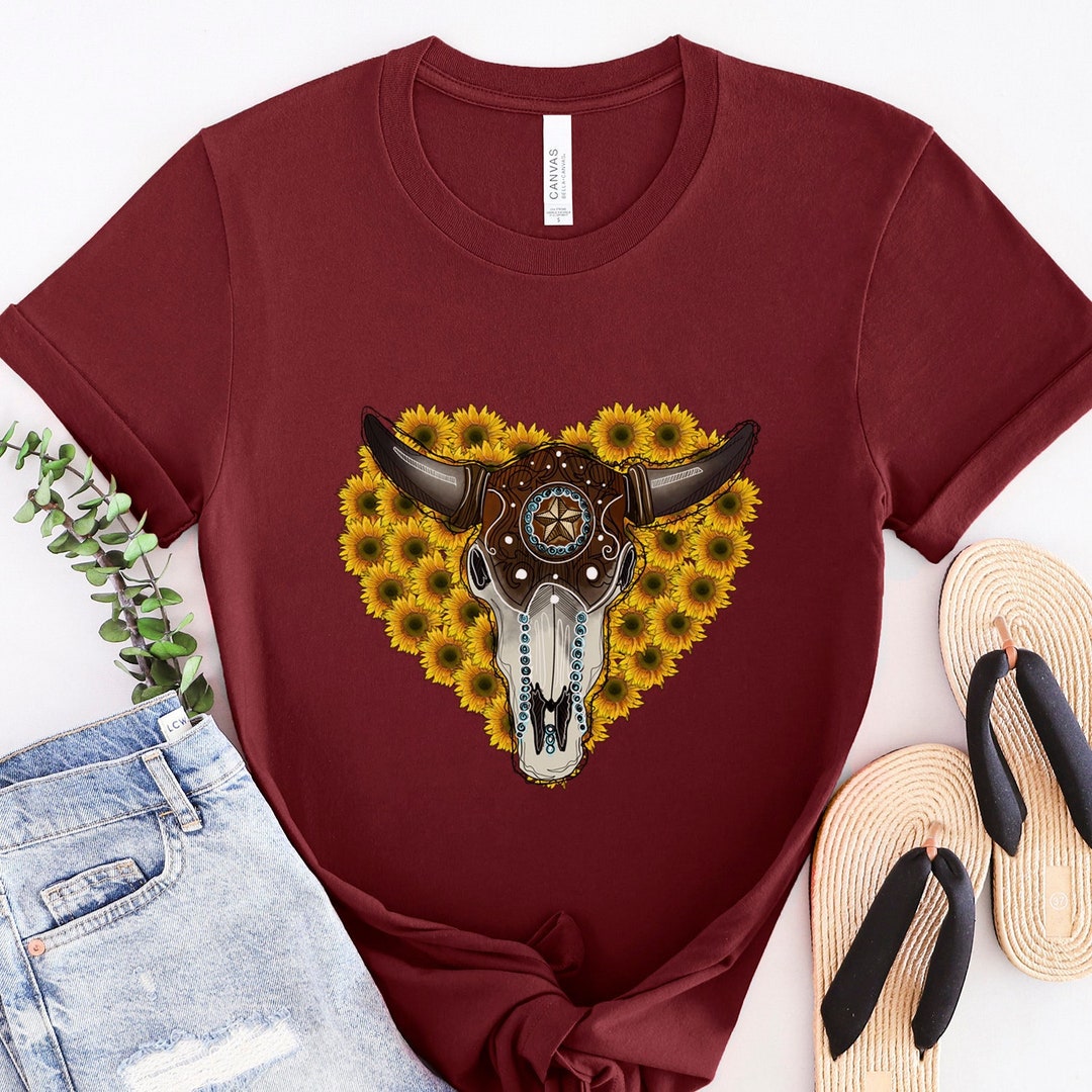 Bullhead T-shirt, Sunflower Boho T-shirt, Western Style Shirt, Southern ...