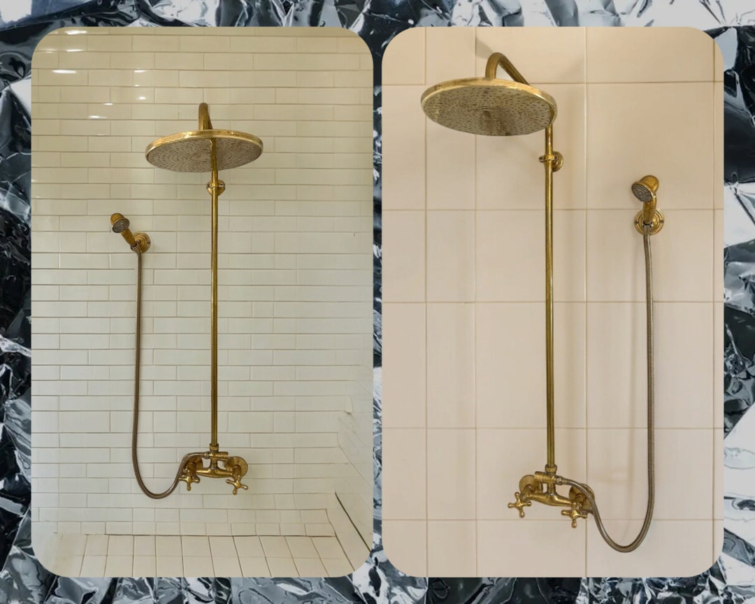 Antique Brass Exposed Pipe Shower System Unlacquered Brass High