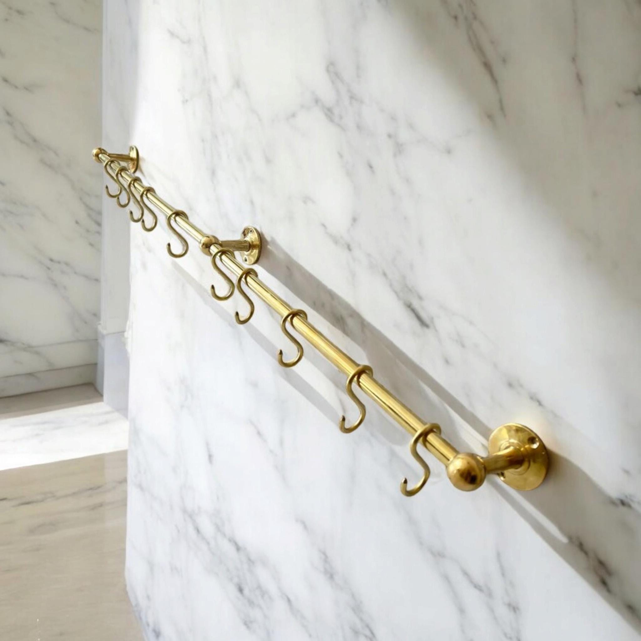 Handmade Vintage Brass Pot Rack, Brass Kitchen Rail With Hooks ...