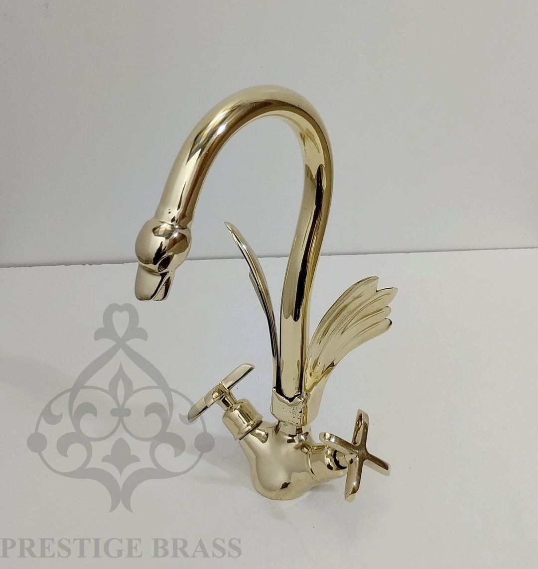 Solid Brass Swan Faucet With Dual Handles, Gooseneck Faucet for Kitchen ...