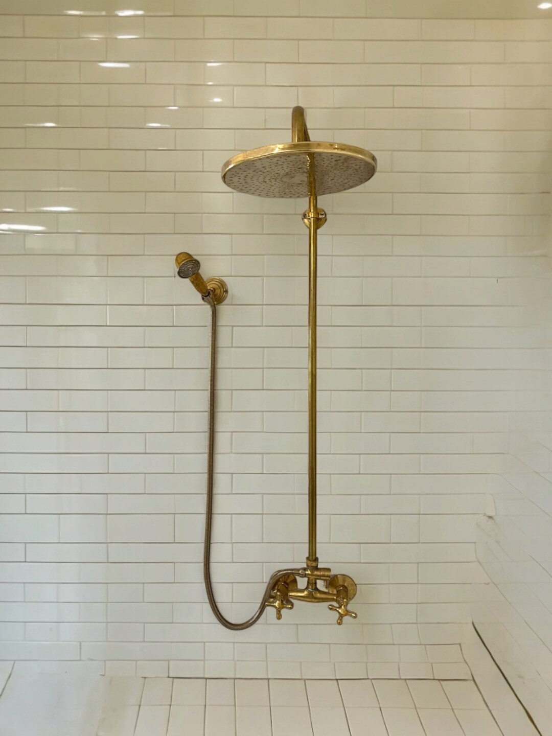 Antique Brass Exposed Pipe Shower System, Unlacquered Brass High ...
