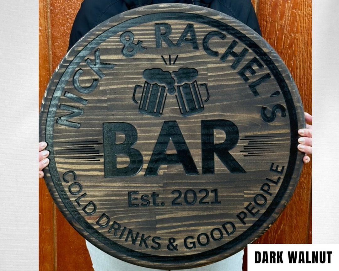 Round Wood Bar Sign, Vintage, Personalized Bar Sign, Home Lounge Sign ...