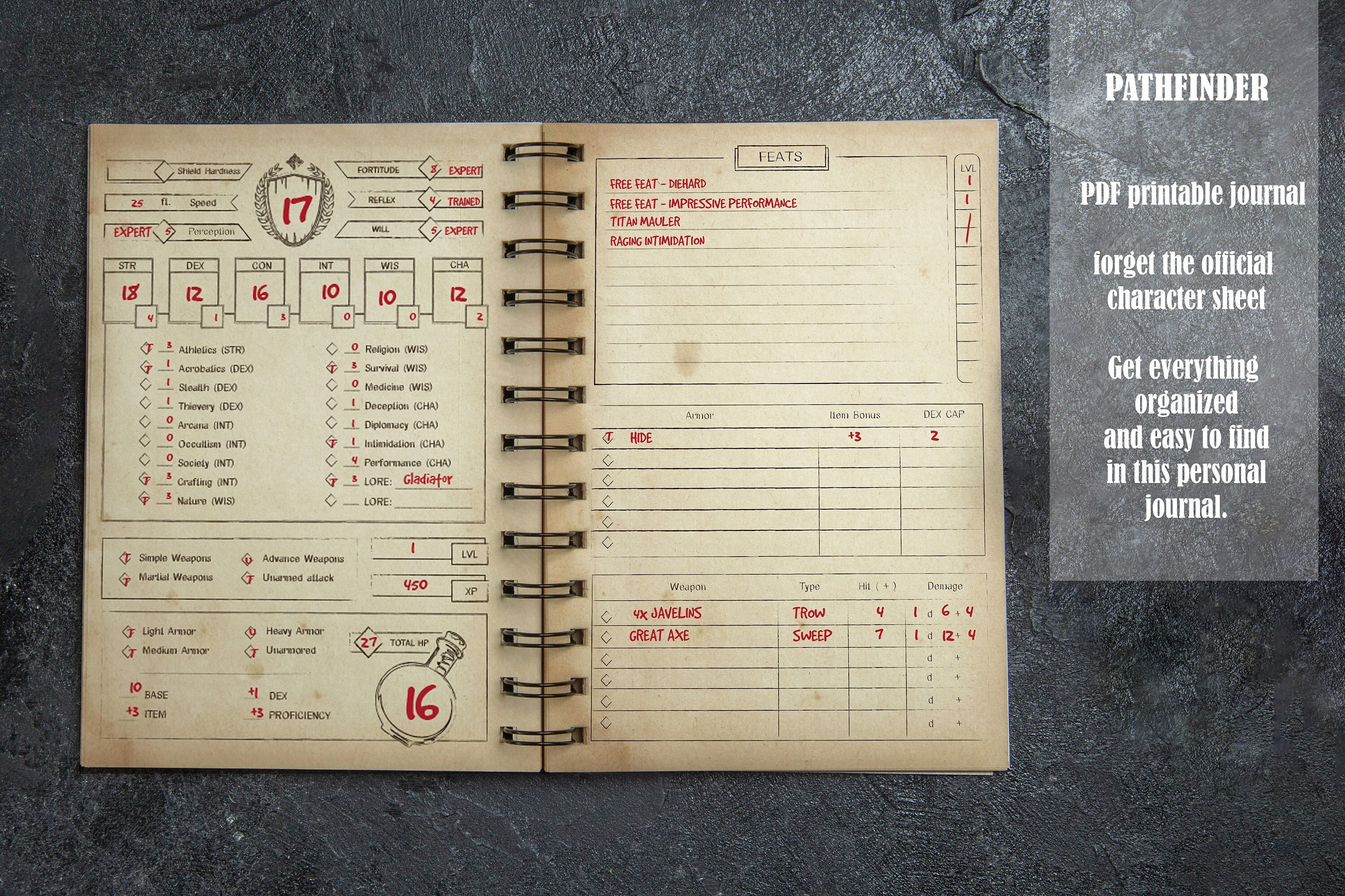 Printable Pathfinder Journal, Pathfinder Character Sheet With Full ...