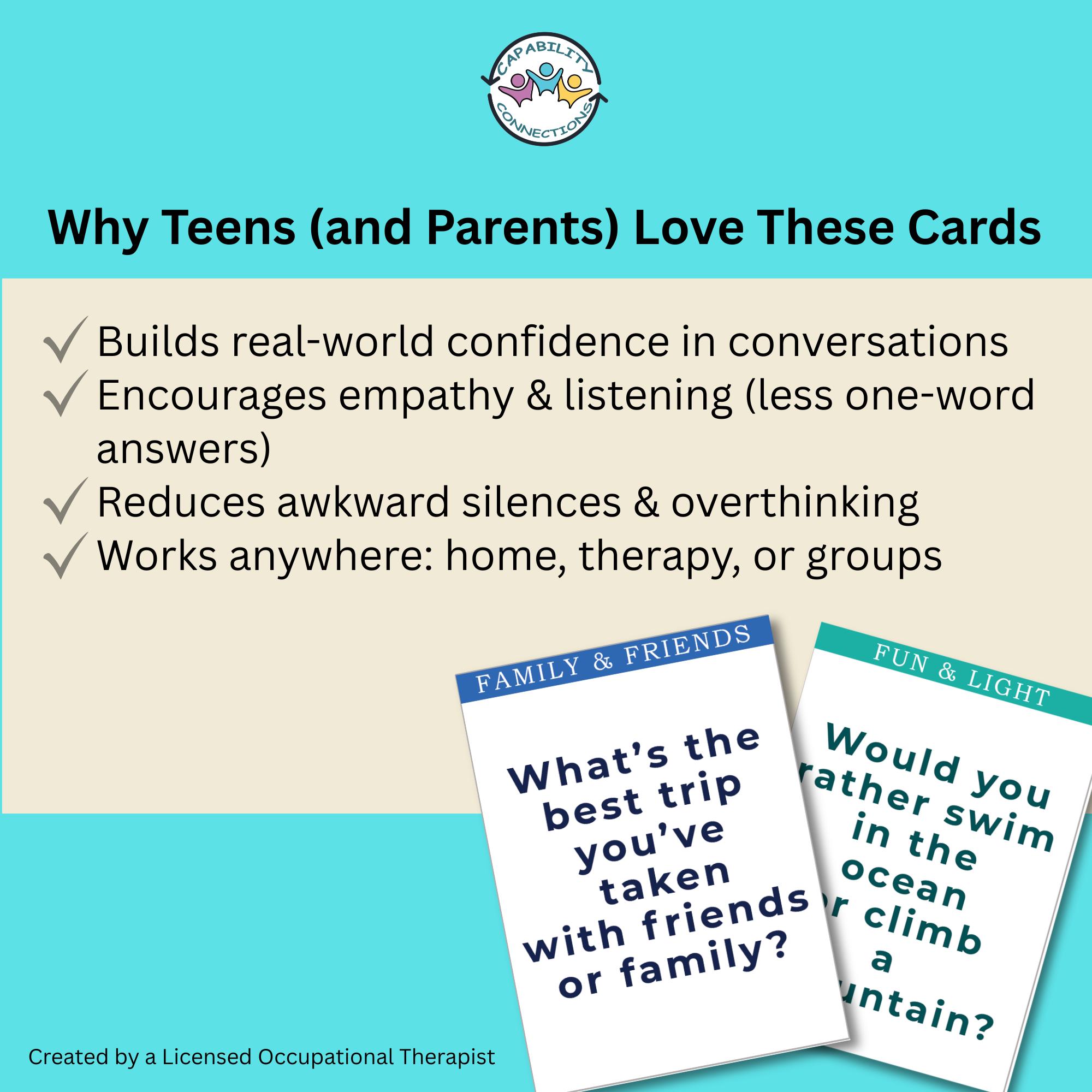 Teen Conversation Cards and Social Skills Prompts | Therapy Icebreaker ...